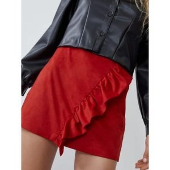Zara | Skirts | Zara Red Vegan Suede Ruffle Front Skort M | Poshmark